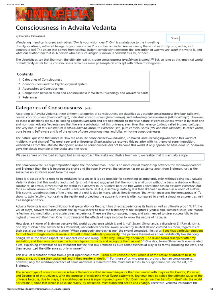 Consciousness in Advaita Vedanta - Hindupedia, the Hindu Encyclopedia ...