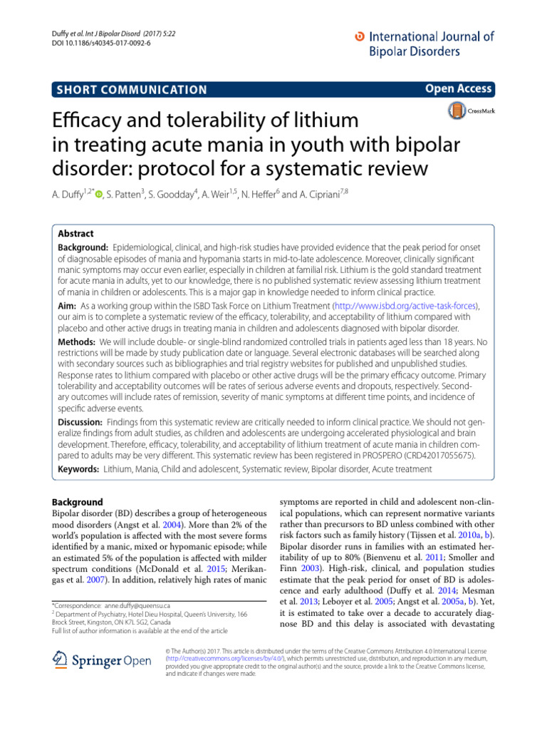 Efficacy and Tolerability of Lithium in Treating Acute Mania in Youth ...