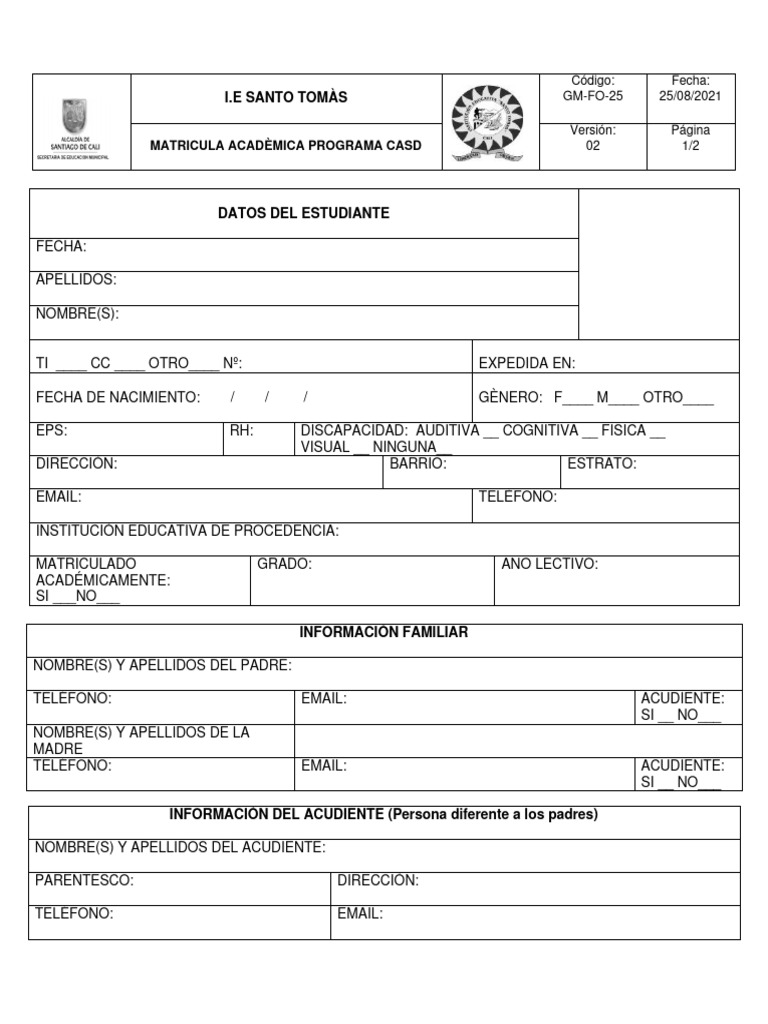 1.FICHA DE MATRICULA GM-FO-25 (Versión02) - 1 | PDF