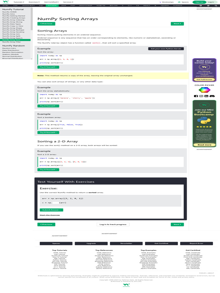 NumPy Sorting Arrays | PDF