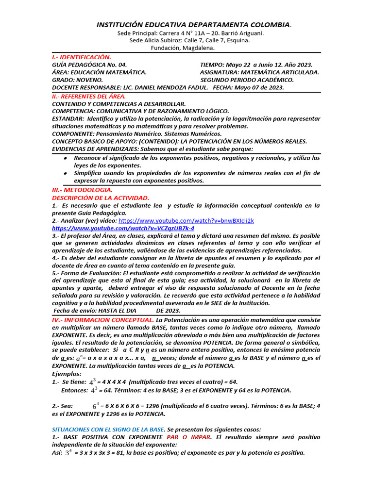 Guía No. 04. Matematica, 2023 Ied Inscol. | PDF