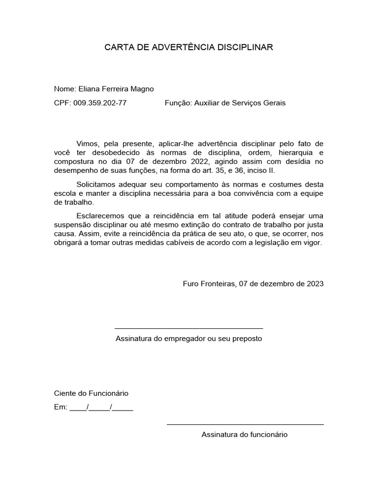 Carta de Advertência Disciplinar | PDF Carta de Advertência Disciplinar | PDF
