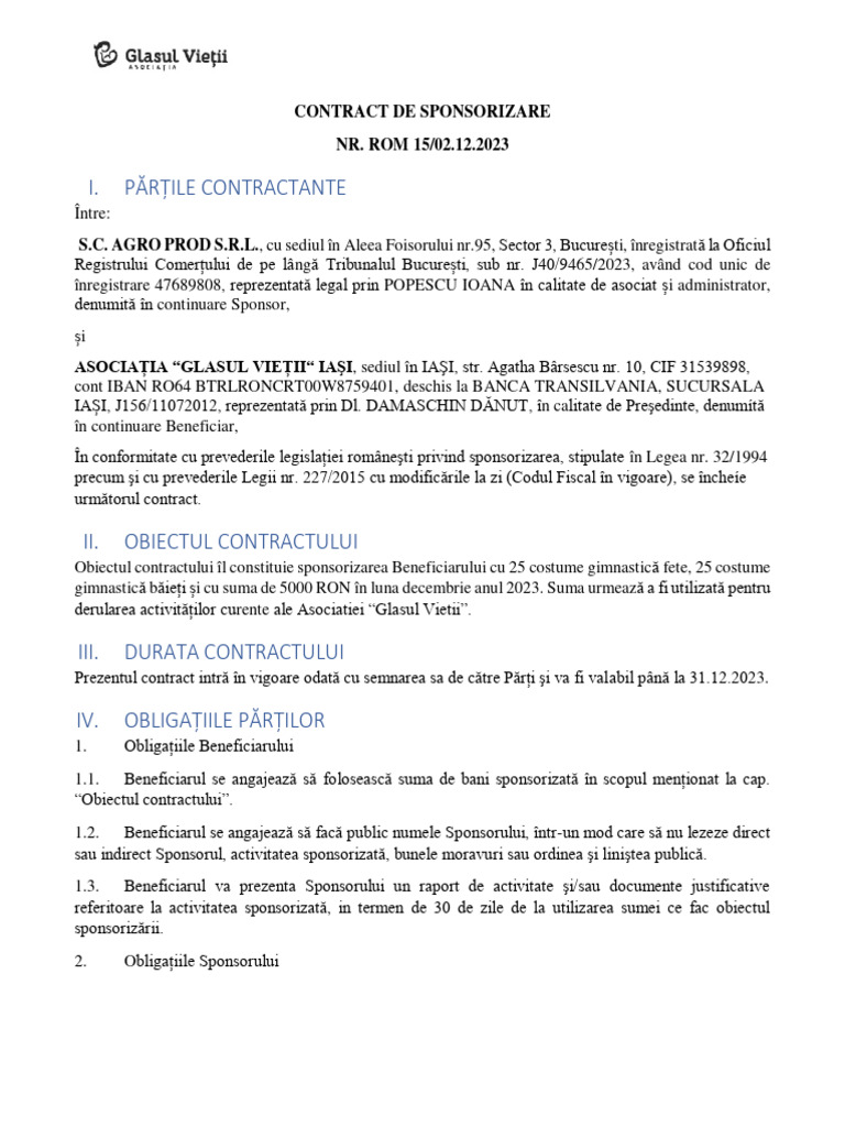 Contract de Sponsorizare | PDF