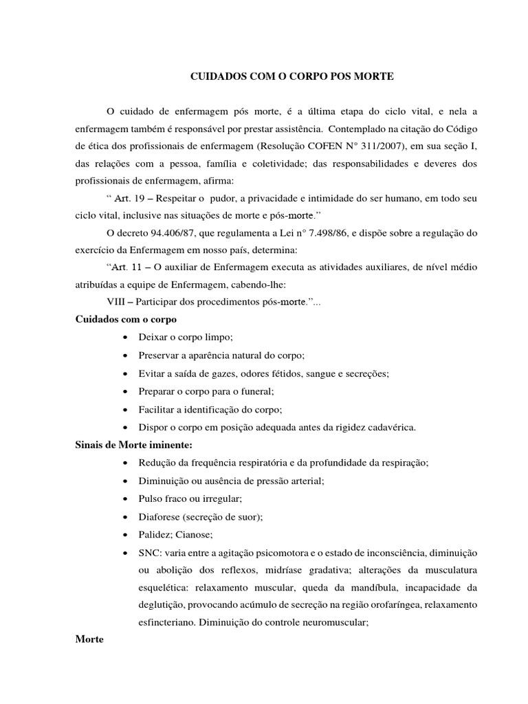 Cuidados Com o Corpo Pos Morte | PDF | Morte | Enfermagem