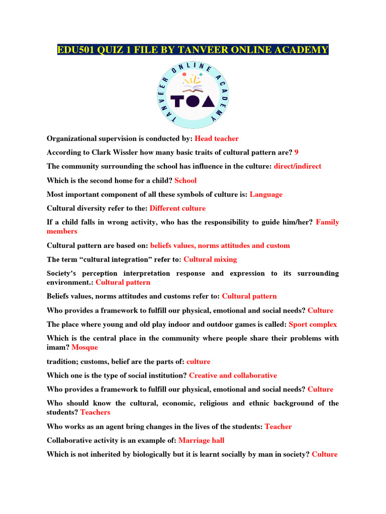 Edu501 Quiz 1 File by Tanveer Online Academy | PDF