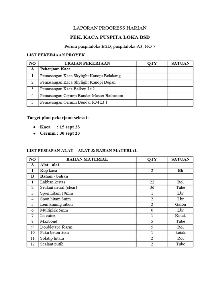 Laporan Progres Harian Puspitaloka BSD | PDF