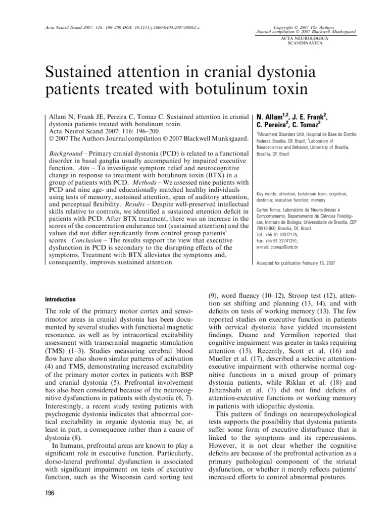 Sustained Attention in Cranial Dystonia Patients Treated With BT | PDF ... Sustained Attention in Cranial Dystonia Patients Treated With BT | PDF ...
