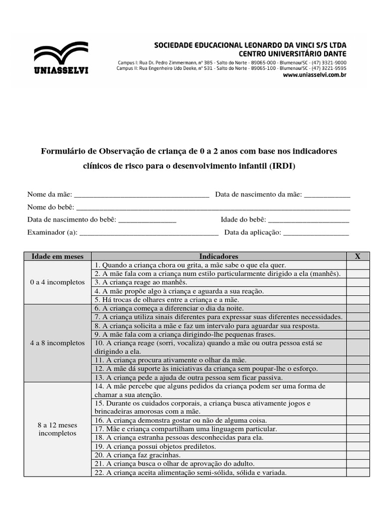 Formulário IRDI para Observação Infantil | PDF | Ciências Sociais ...