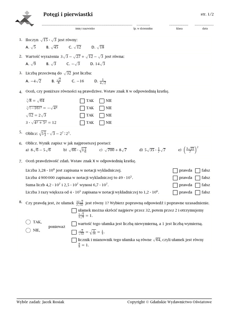 Potęgi I Pierwiastki. Klasa 8 | PDF