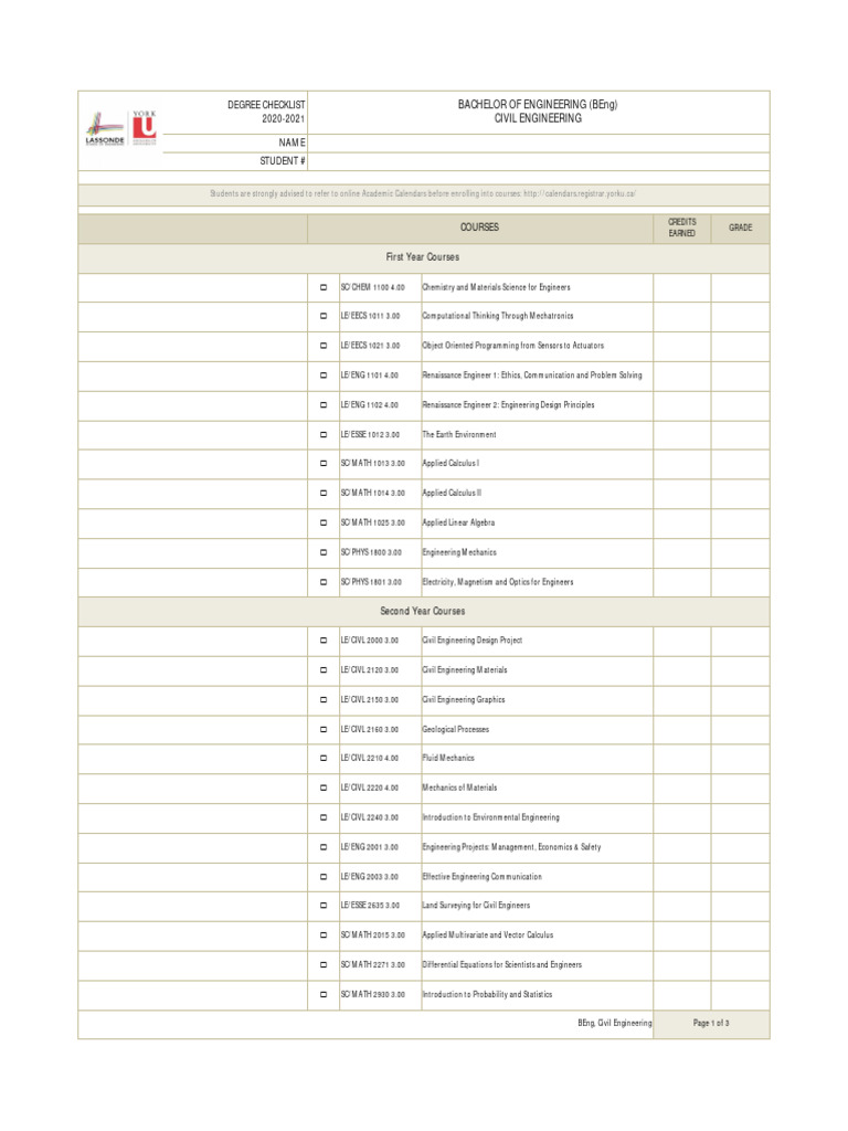 2020 2021 Degree Checklist BEng Civil | PDF