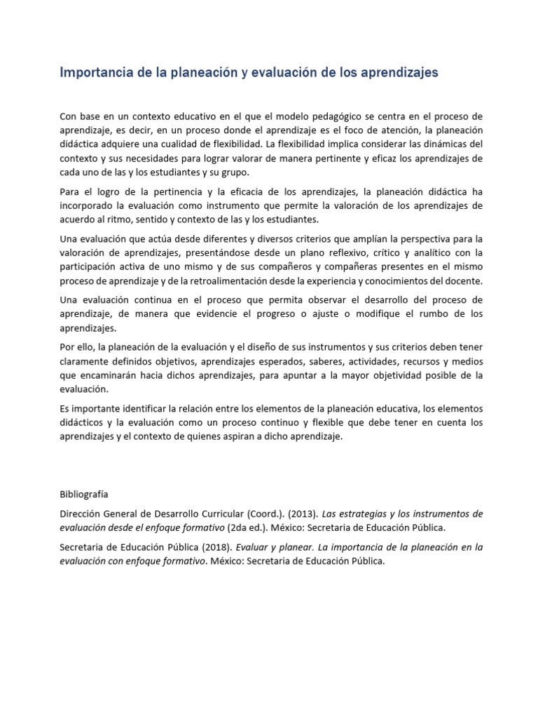 Importancia de La Planeación y Evaluación de Los Aprendizajes | PDF