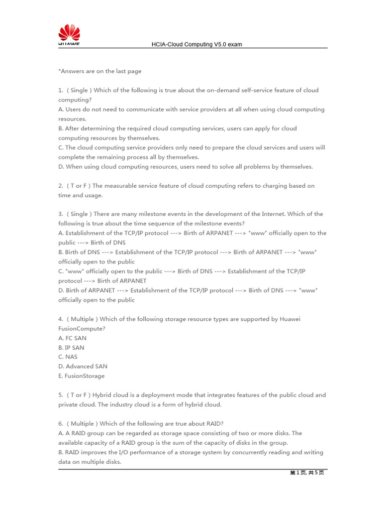 Hcia Cloud Computing V5.0 Exam Answers | PDF