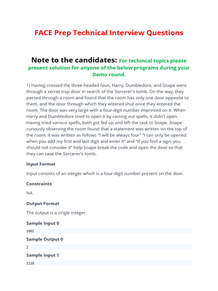FACE Prep Technical Interview Questions | PDF