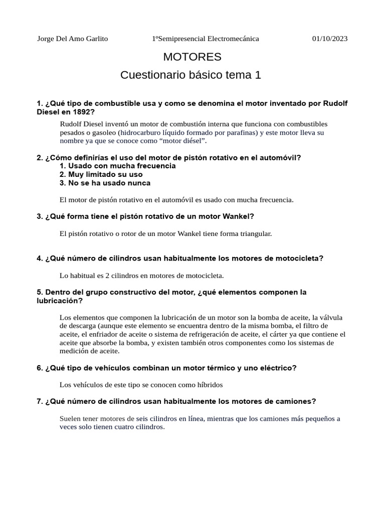 Cuestionario básico UD 1 | PDF | Motor de combustión interna | Motores