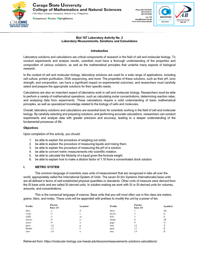 Exer 2 - Laboratory Measurements, Solutions and Calculations | PDF | Mole (Unit) | Mixture