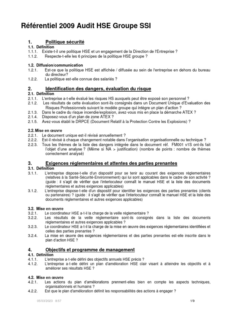 Référentiel 2009 Audit HSE Groupe SSI | PDF