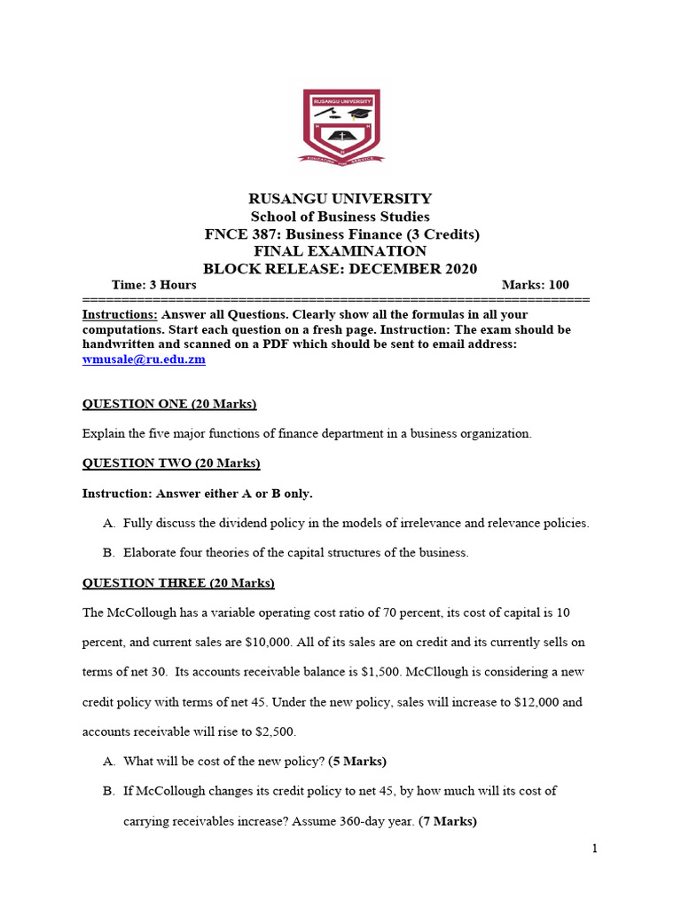FNCE 387 Final Examination | PDF | Inventory | Capital Structure