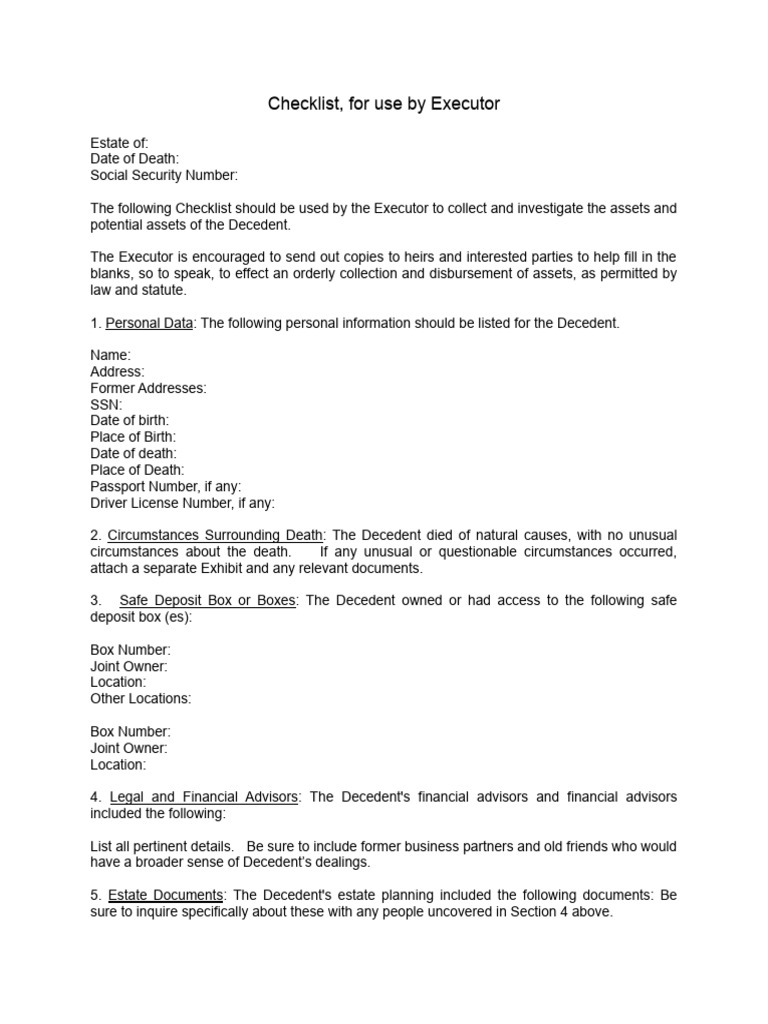 Checklist, For Use by Executor | PDF