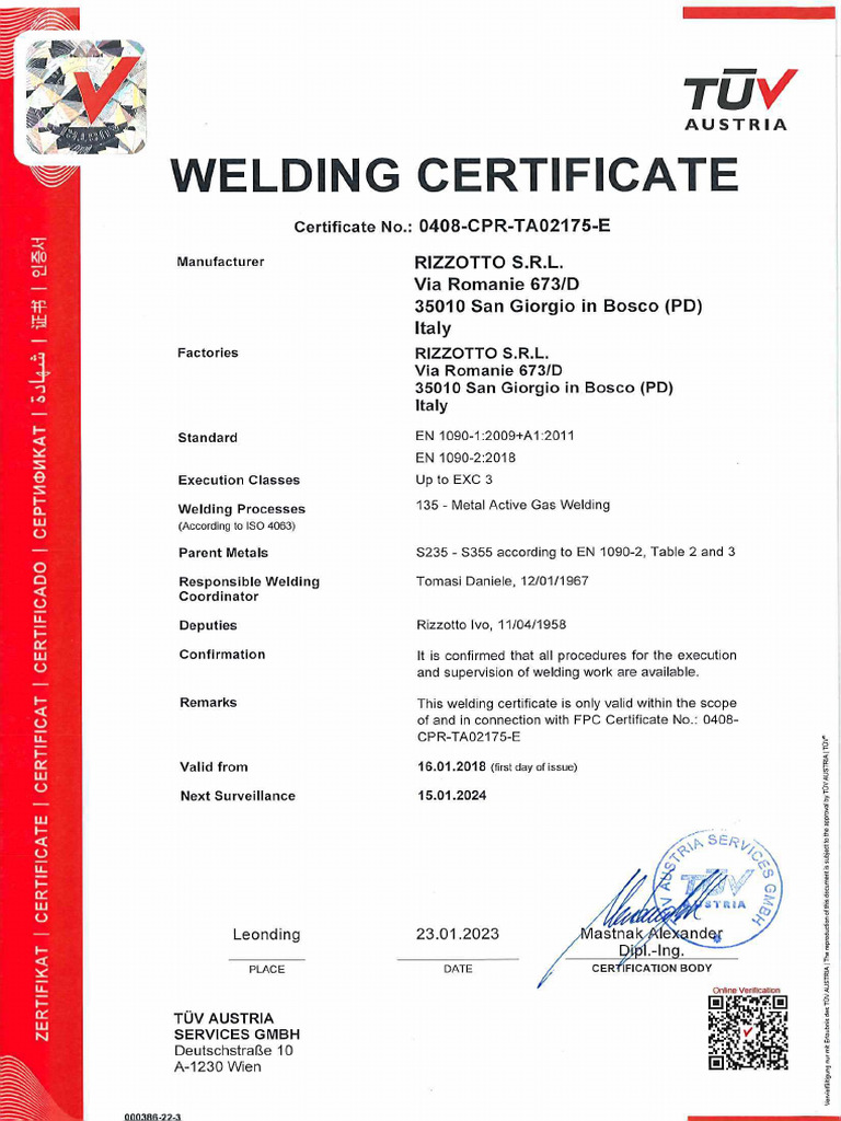 EN 1090 Welding Certificate Rizzotto SRL 2023 | PDF