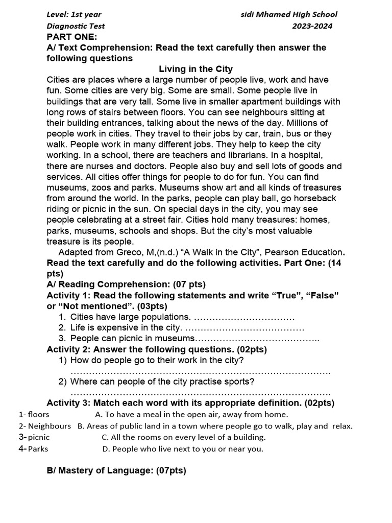 Diagnostic Test First Year | PDF