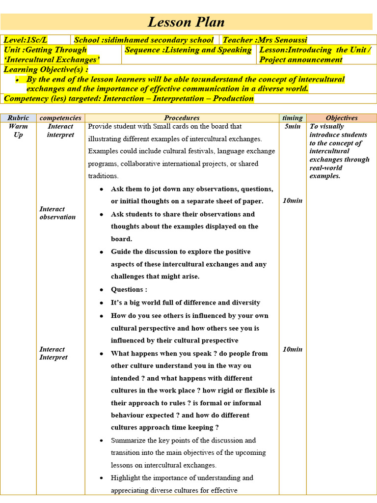 Lesson Plan 1 Unit 1 Introduction Pdf 