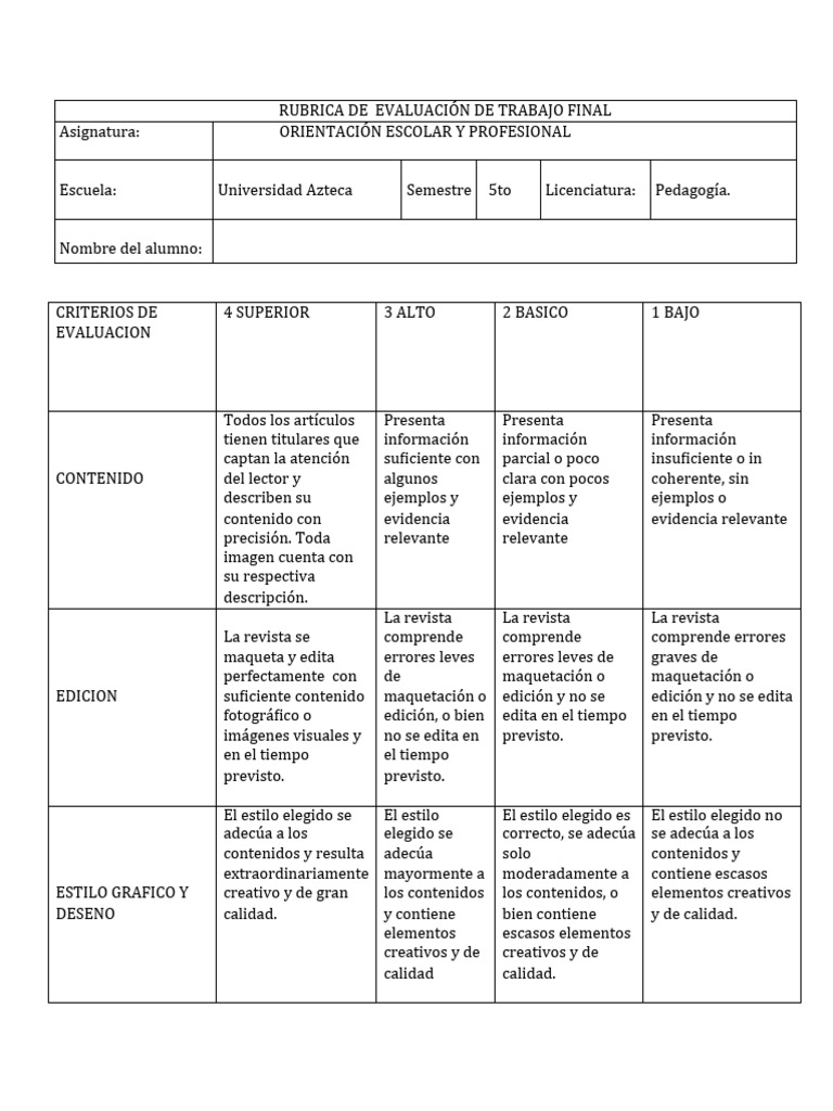 Rubrica Criterios de Evaluacion | PDF