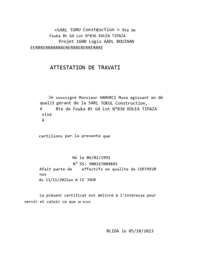 Certificat de Travail Moussa | PDF