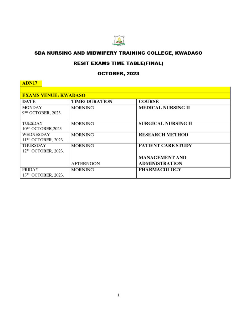 FINAL Resit Exam Time Table 1st 2023 | PDF | Nursing | Health Sciences