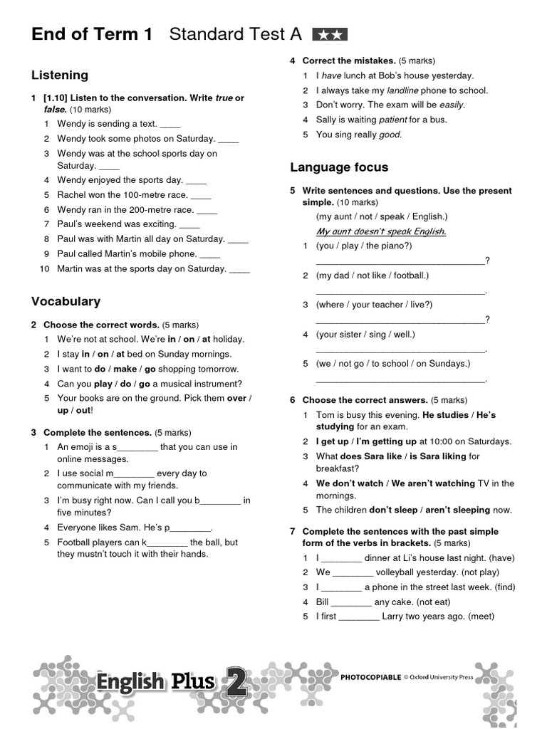 End of Term 1 Standard Test A | PDF