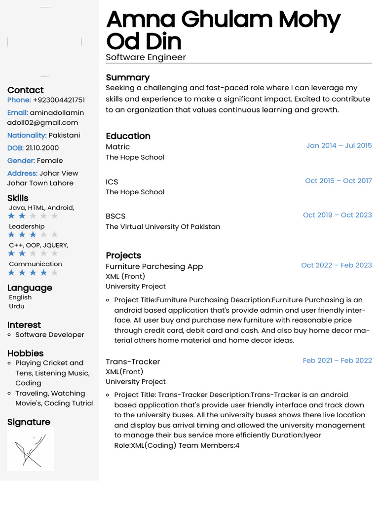 Amna Resume 427 | PDF | Android (Operating System) | Computer Engineering