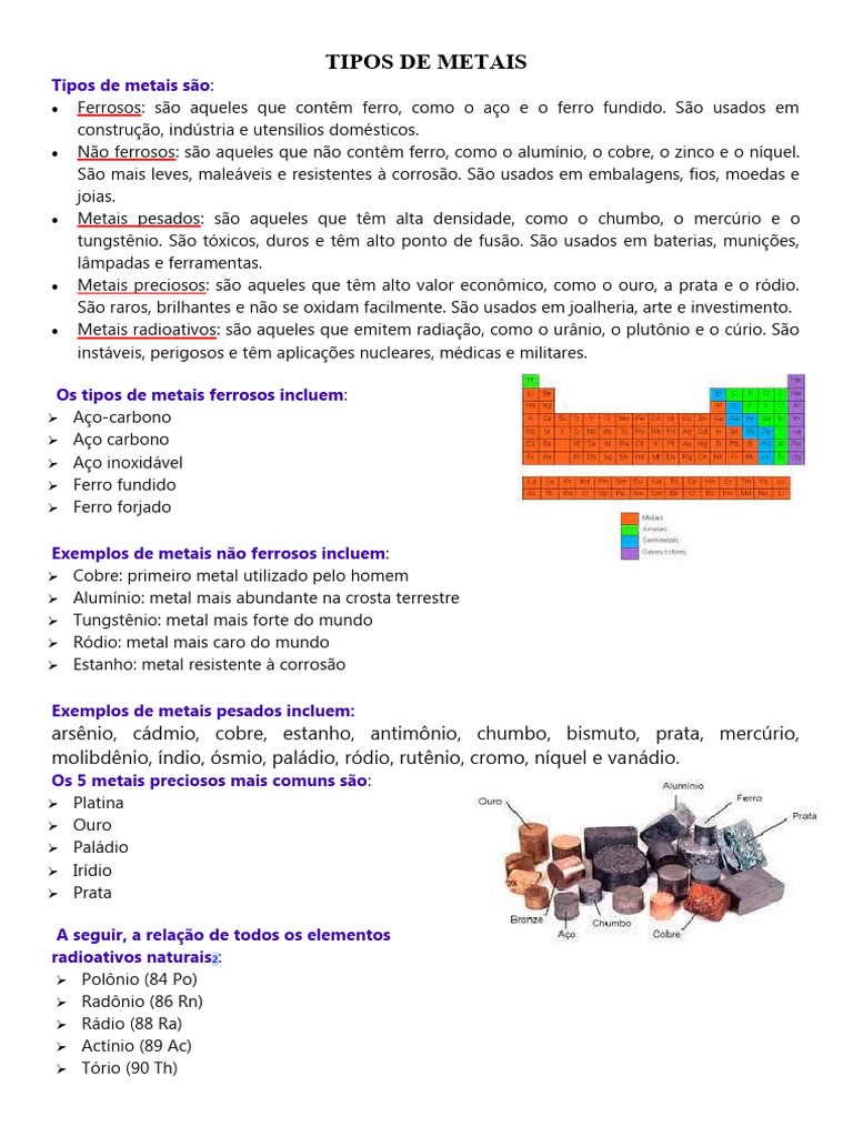 Tipos de Metais | PDF | Metais | Mineração