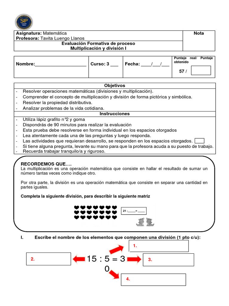 Evaluación de Proceso Unidad 2 - División y Multiplicación 3 Basico ...