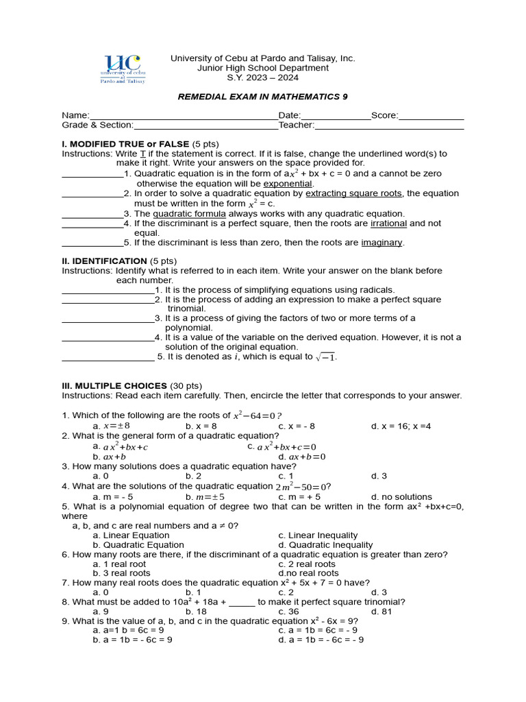 Grade 9 Remedial | PDF | Quadratic Equation | Equations