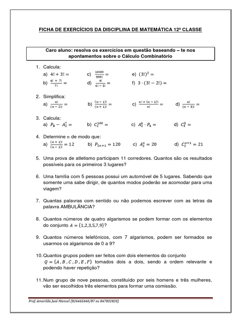 FICHA DE EXERCICIOS 12 Classe Outubro | PDF