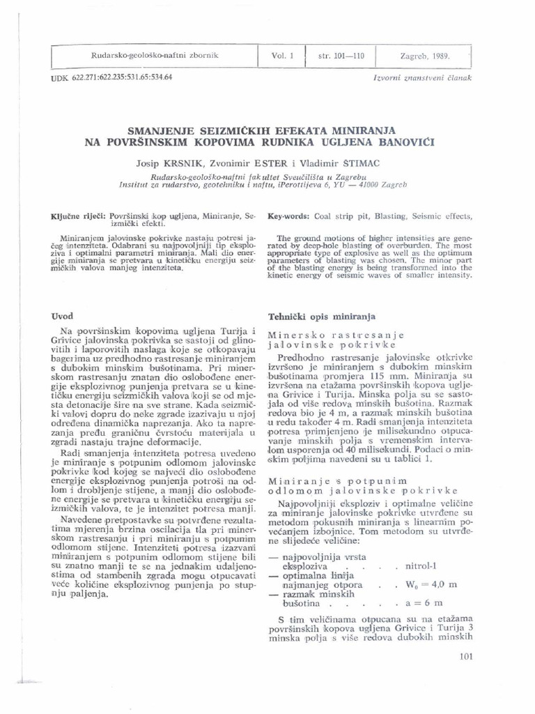 Smanjenje Seizmickih Efekata Miniranja Na Povrsinskim Kopovima Rudnika ...