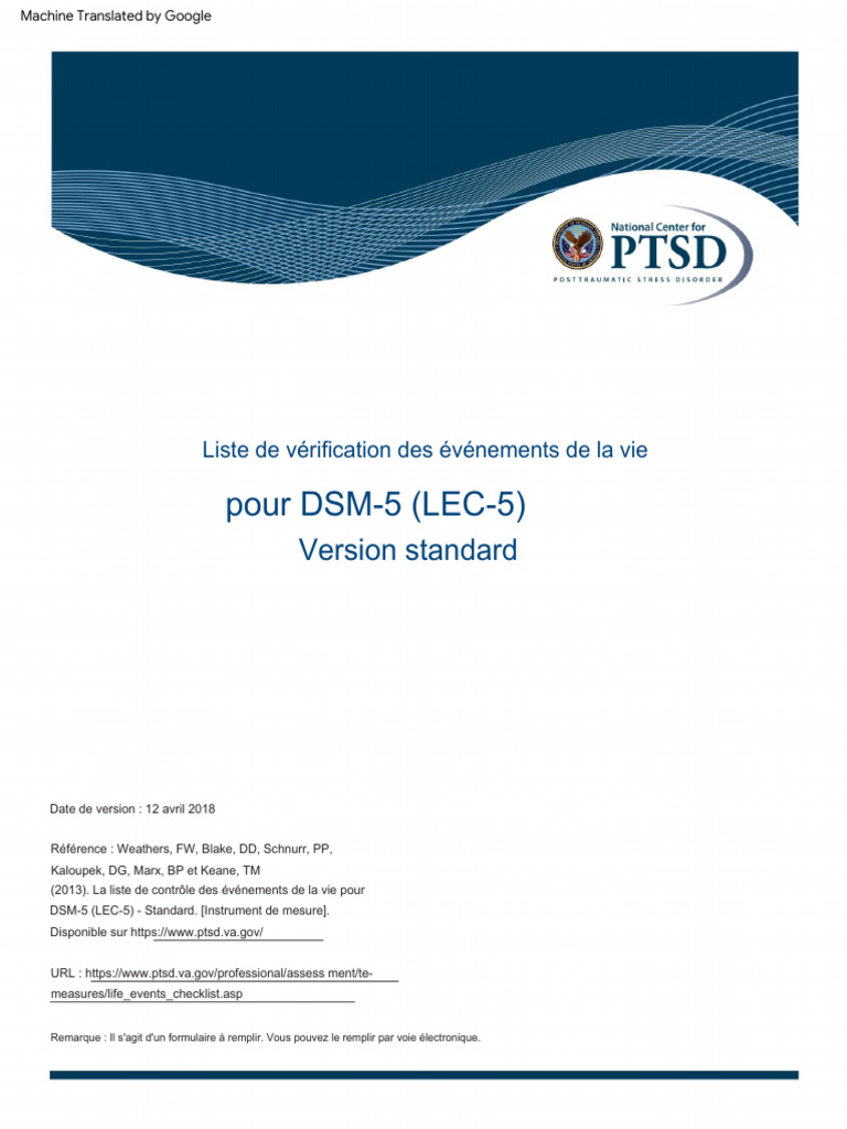 Life Events Checklist For DSM-5 (LEC-5) - Standard Version - Fillable ...