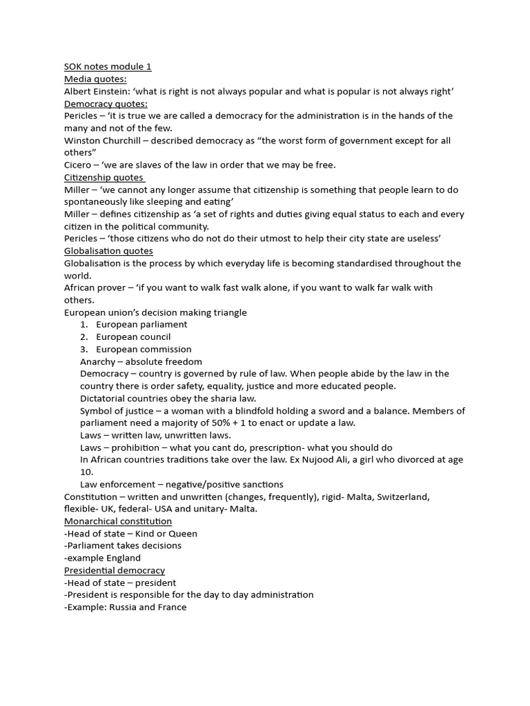 SOK Notes: Democracy and Citizenship | PDF