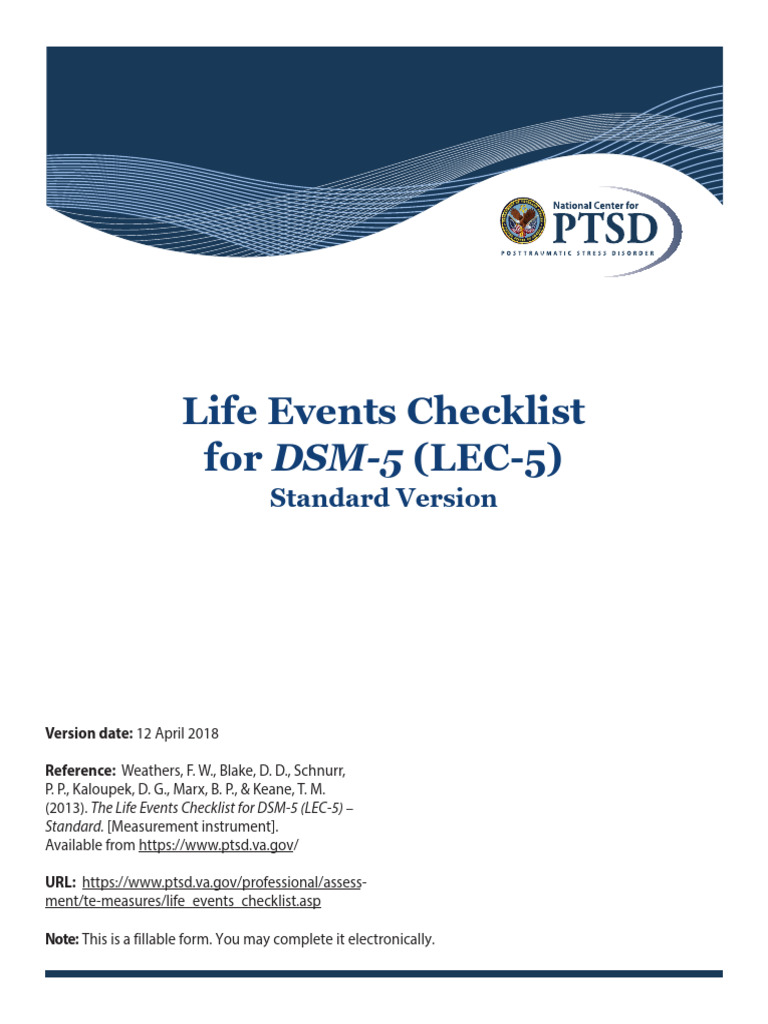 Life Events Checklist For DSM-5 (LEC-5) - Standard Version - Fillable ...