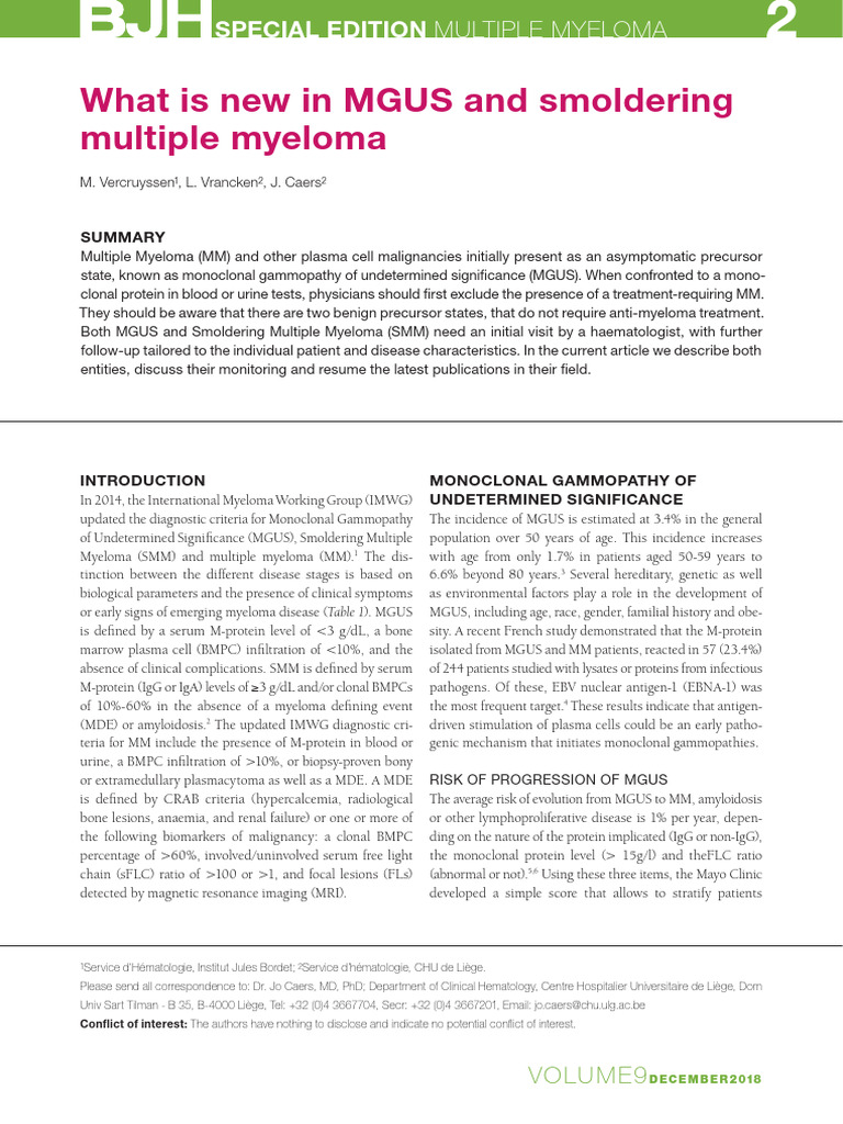 MGUS and SMM 2018 | PDF | Multiple Myeloma | Medical Specialties