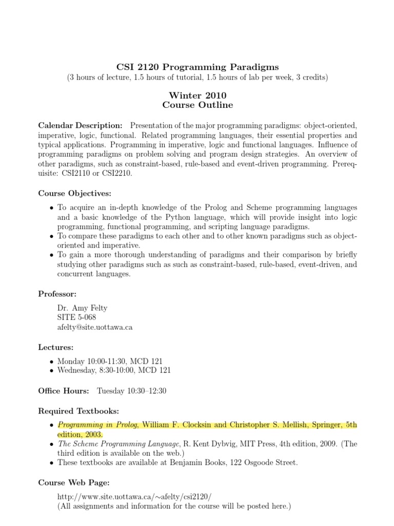 CSI 2120 Programming Paradigms Winter 2010 Course Outline | PDF | Programming Paradigms ...