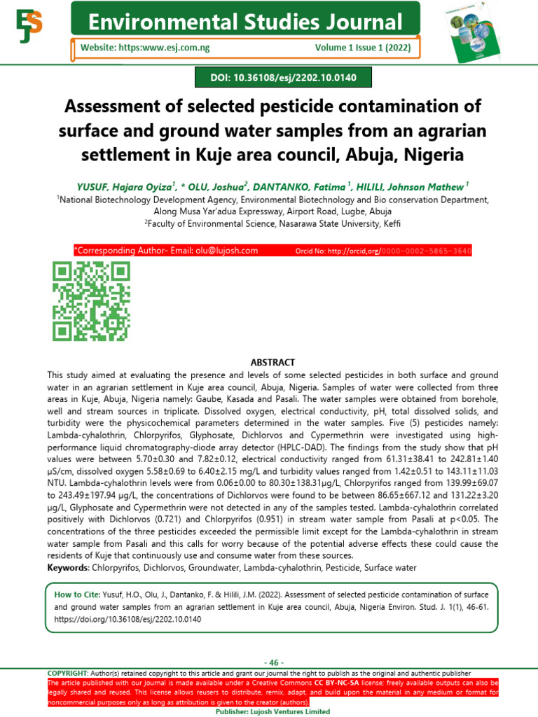 Assessment of Selected Pesticide Contamination of Surface and Ground ...