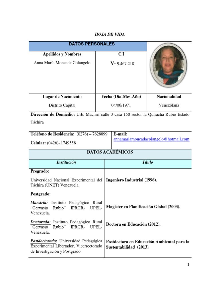 Hoja de Vida Anna María Moncada Colangelo | PDF | Venezuela
