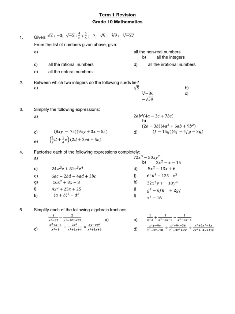 Term 1 Revision Grade 10 Mathematics 1 Pdf