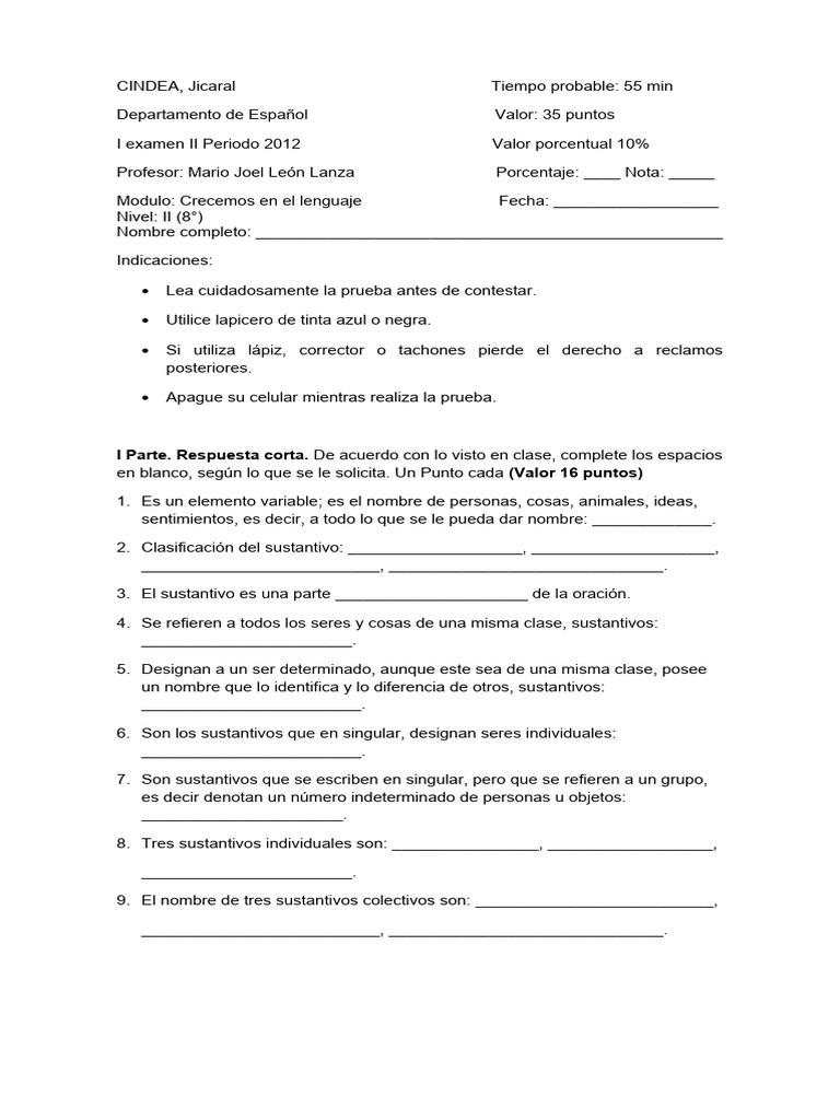 Examen de Español | PDF