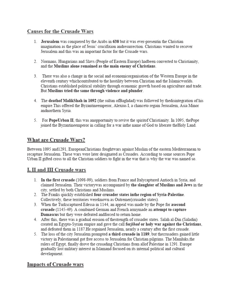Causes For The Crusade Wars | PDF | Crusades | Mosque