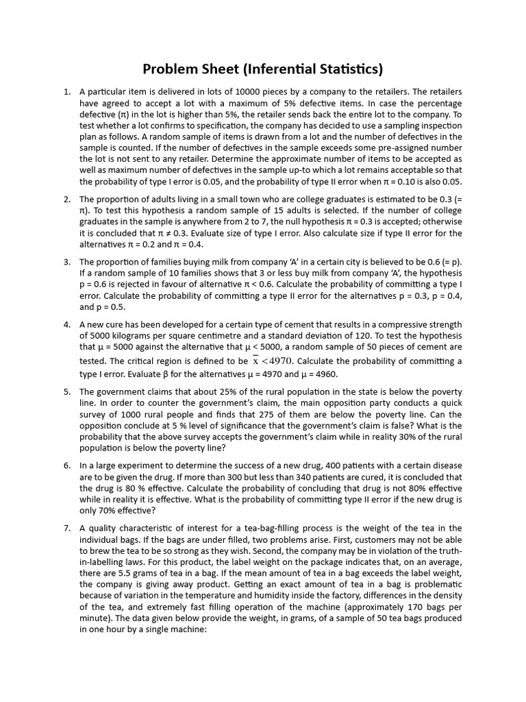 Inferential Statistics Problem Sheet | PDF | Type I And Type Ii Errors ...