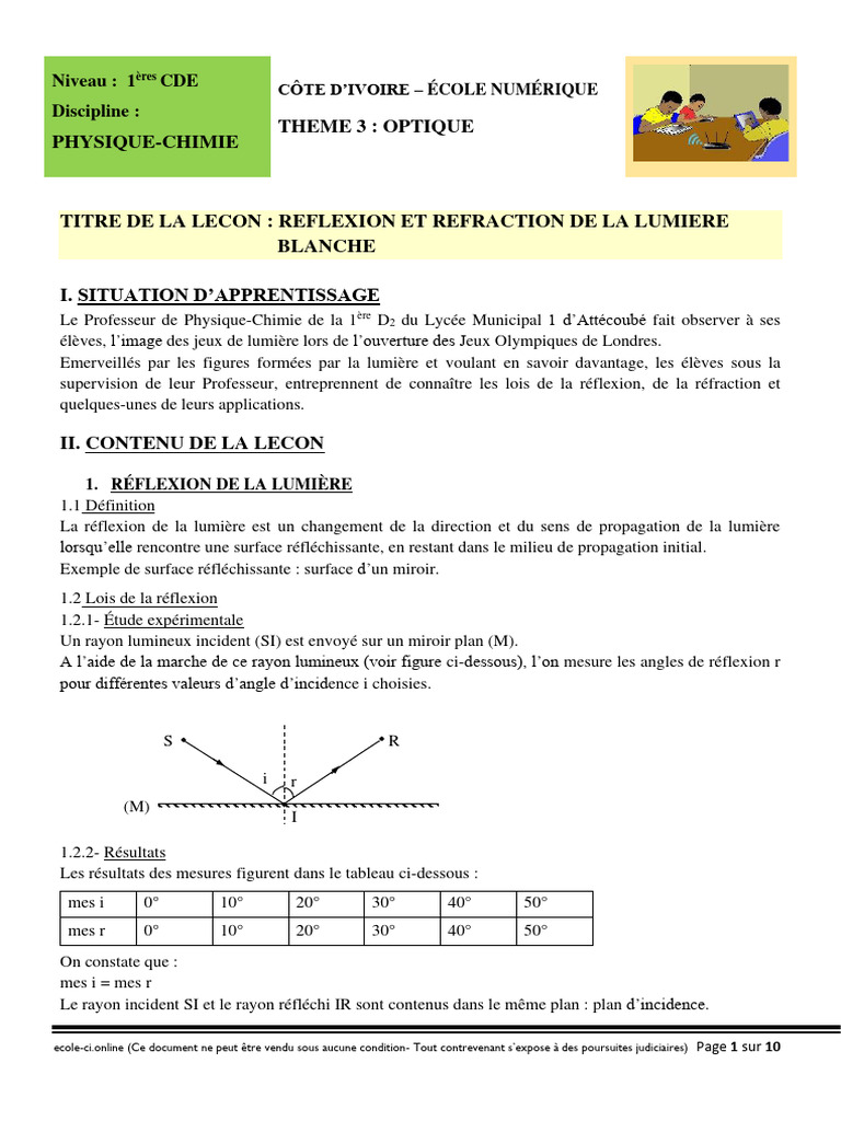 Exercices sur la réflexion et réfraction | PDF | Réfraction | Lumière
