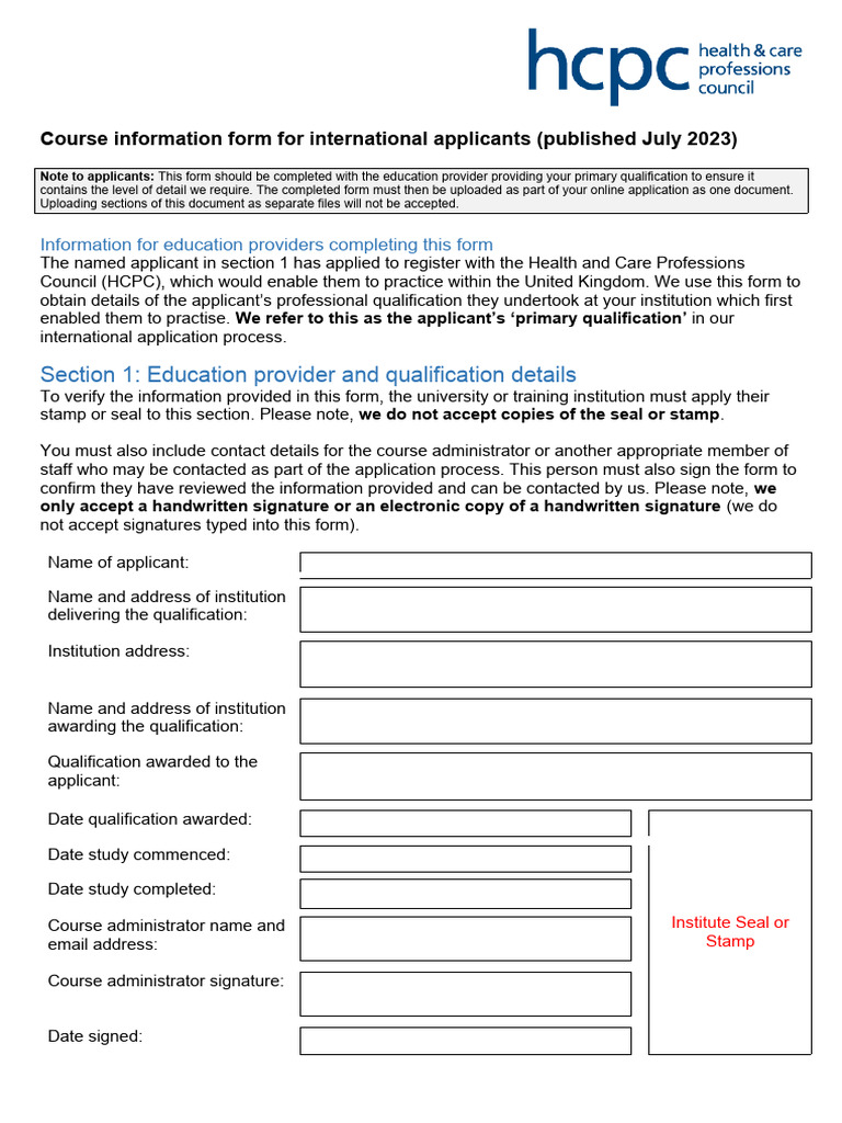 HCPC Form for Intl. Applicants | PDF | Business