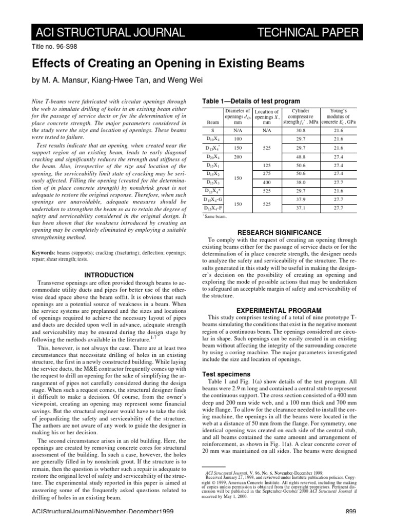 Effects of Creating An Opening in Existing Beams: Aci Structural ...