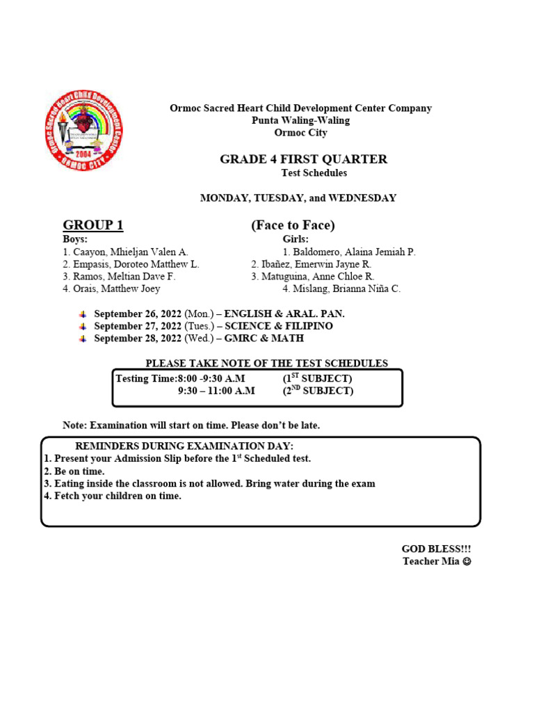 1ST Quarter Test Schedule | PDF